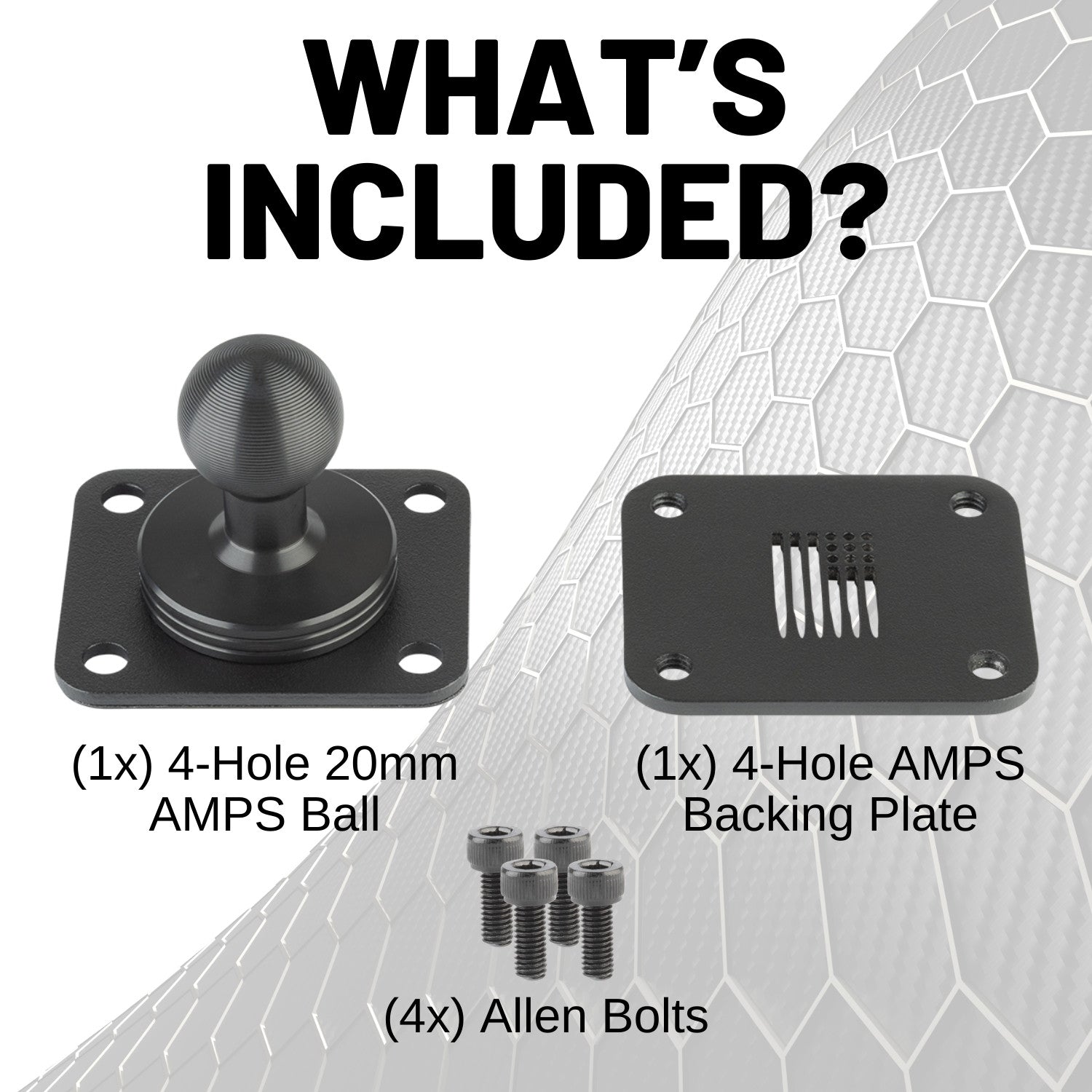 4-Hole AMPS Mounting Plate with 20mm Ball Mount + Metal Backing Plate ...