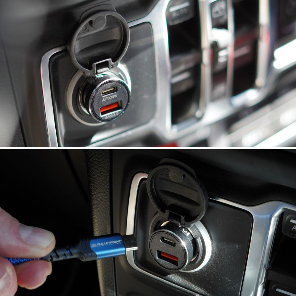 12V Cigarette Lighter Dual Socket USB-C + USB QC 3.0 Power Adapter ...